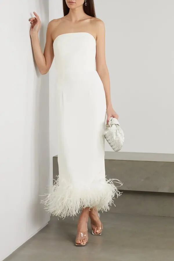 16Arlington Minelli Strapless Feather-trimmed Crepe Midi Dress