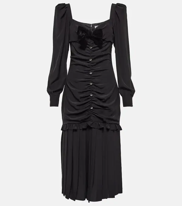 Alessandra Rich Ruched Silk Midi Dress - Black