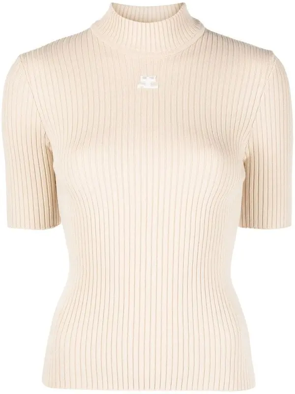 COURREGES Embroidered Logo Ribbed Knitted Top - Neutrals
