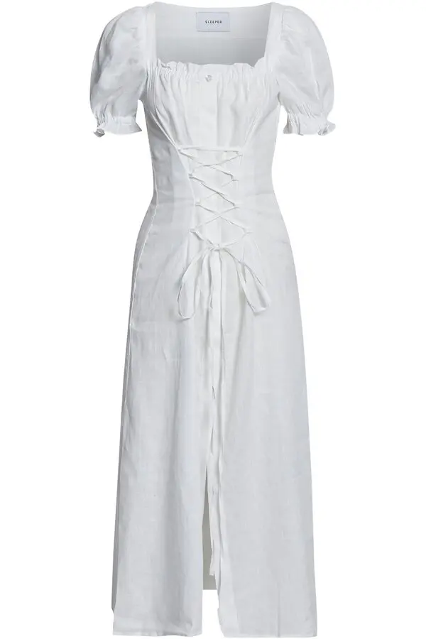 Sleeper Laceup Linen Midi Dress - White
