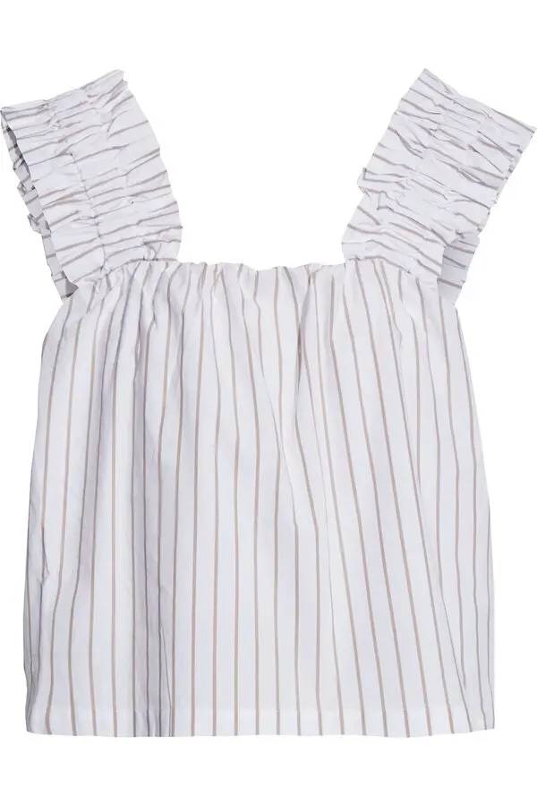FRAME Cropped Ruffle-trimmed Striped Organic Cotton-poplin Top