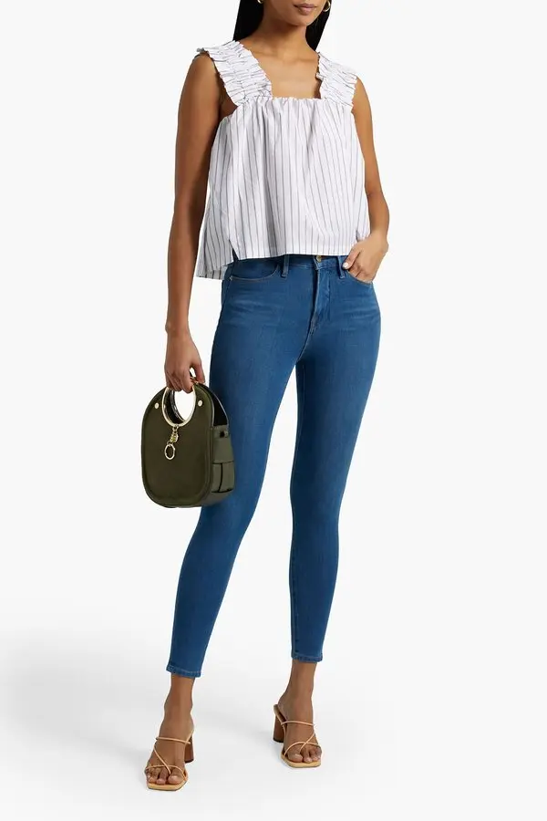 FRAME Cropped Ruffle-trimmed Striped Organic Cotton-poplin Top