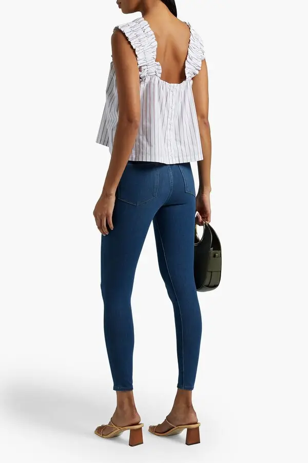 FRAME Cropped Ruffle-trimmed Striped Organic Cotton-poplin Top