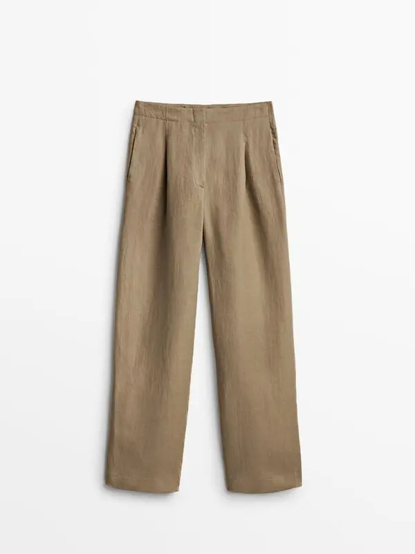 Massimo Dutti 100% Linen Darted Trousers In Mink 41% Off