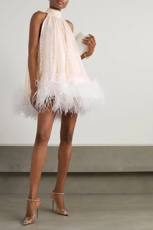 16Arlington Cindy Feather-trimmed Sequined Tulle Mini Dress
