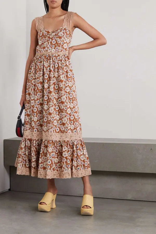 Gucci Lace-Trimmed Floral-Print Silk-Twill Maxi Dress - Brown | Editorialist