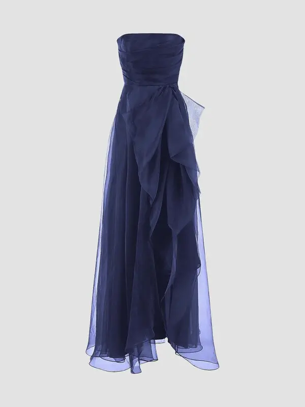 Theia Teresa Draped Tulle Gown - Navy