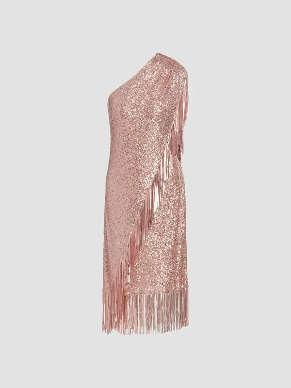 Badgley Mischka Sequin Fringe One-shoulder Midi Dress