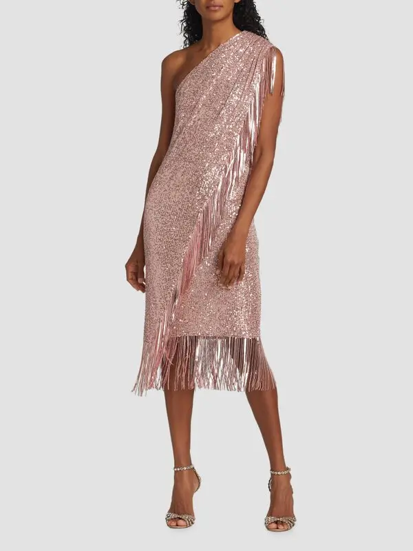 Badgley Mischka Sequin Fringe One-shoulder Midi Dress