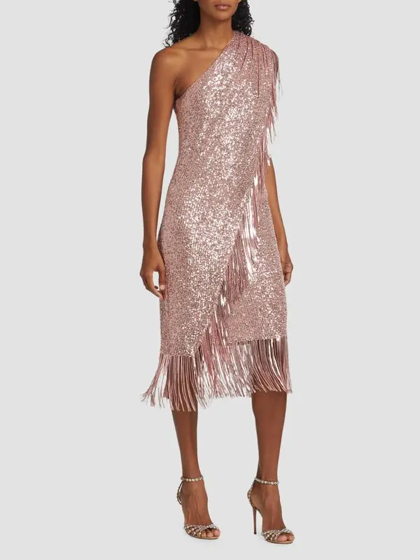 Badgley Mischka Sequin Fringe One-shoulder Midi Dress
