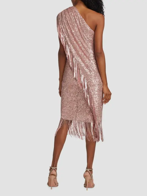 Badgley Mischka Sequin Fringe One-shoulder Midi Dress