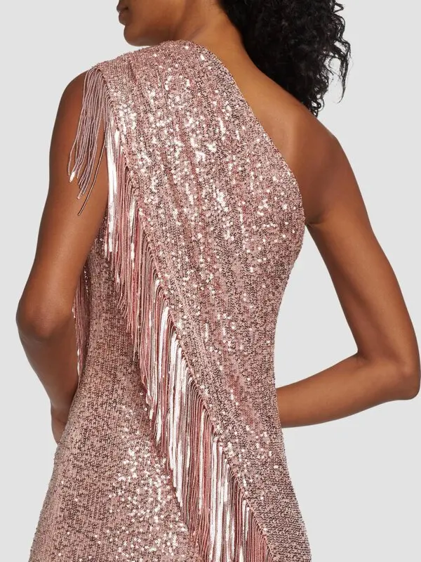 Badgley Mischka Sequin Fringe One-shoulder Midi Dress