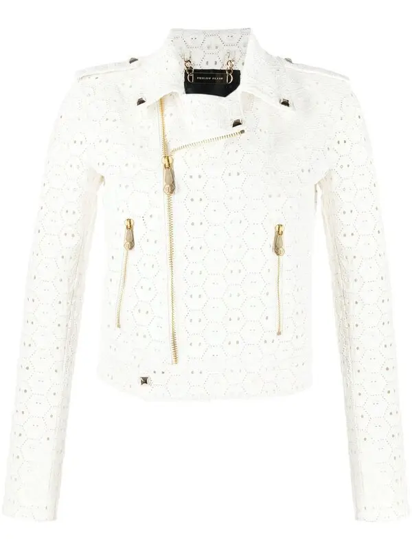 Philipp Plein Sangallo Leather Biker Jacket - White