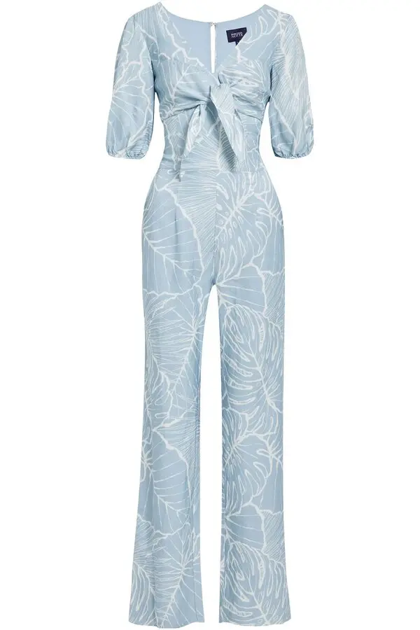 Marchesa Knotted Printed Crepe Wide-leg Jumpsuit - Sky Blue