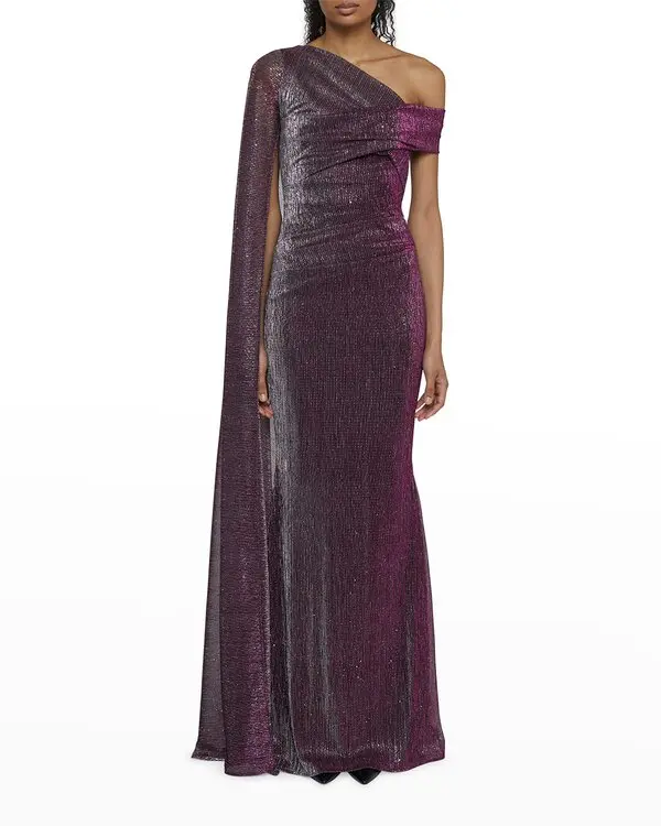 Talbot Runhof One-Shoulder Metallic Voile Cape Gown In Purple - 55% Off |  Editorialist