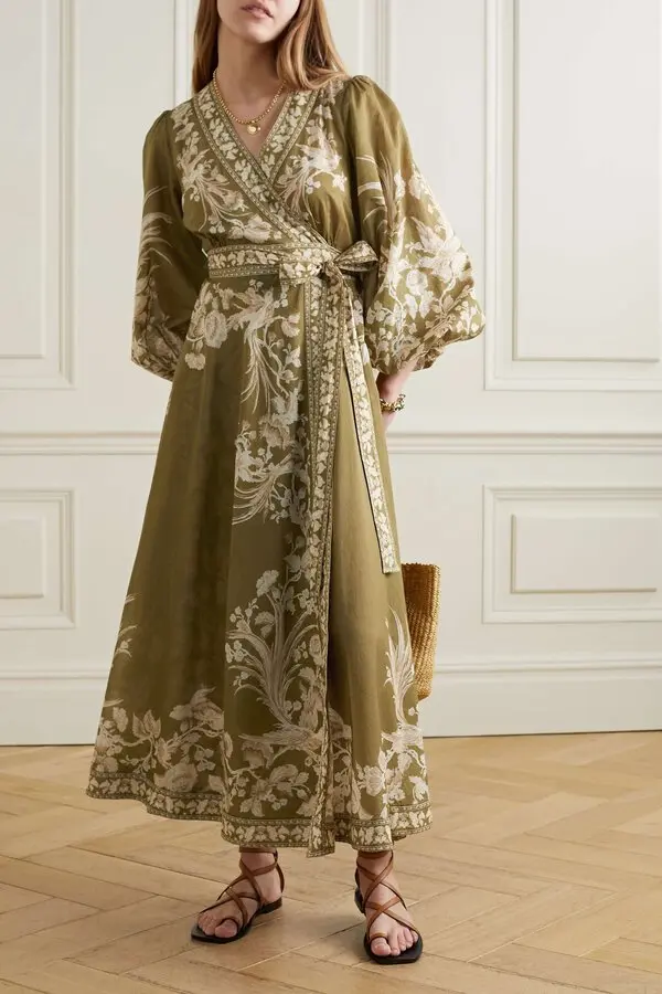 Zimmermann Anneke Floral-Print Cotton-Voile Wrap Midi Dress - Army Green |  Editorialist