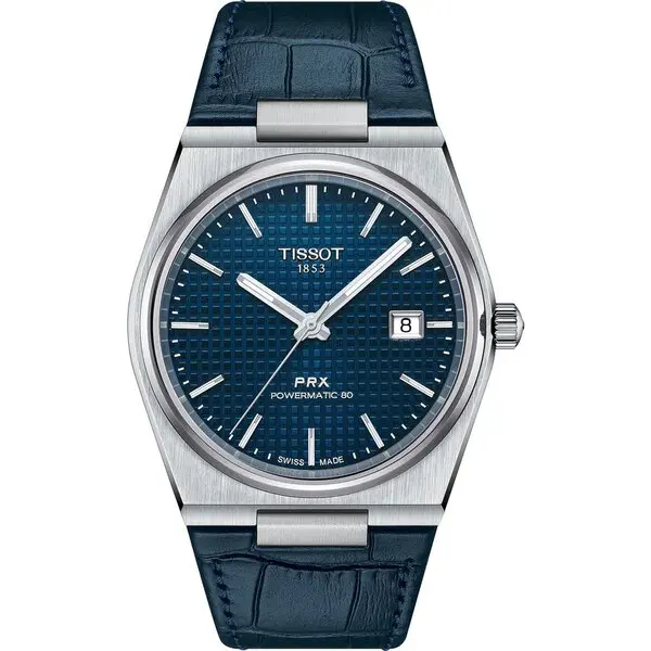 TISSOT Prx Powermatic 80 Leather Strap Watch - Blue