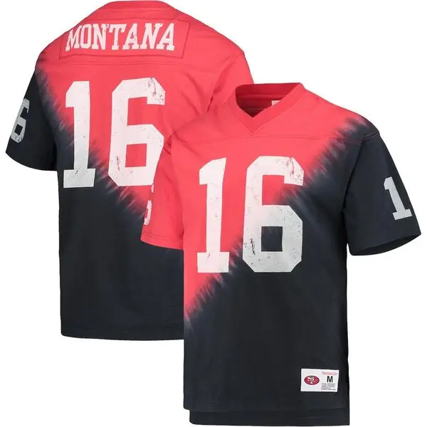 Mitchell & Ness Joe Montana /red San Francisco 49ers Retired Player Name & Number Diagonal Tie-dye V-neck T-shirt - Black