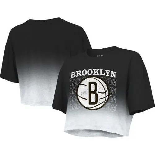 MAJESTIC THREADS White Brooklyn Nets Repeat Dip-dye Cropped T-shirt - Black
