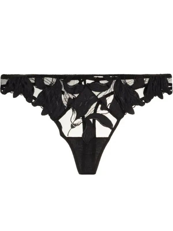Fleur Du Mal Lily Embroidered Hipster Thong - Black