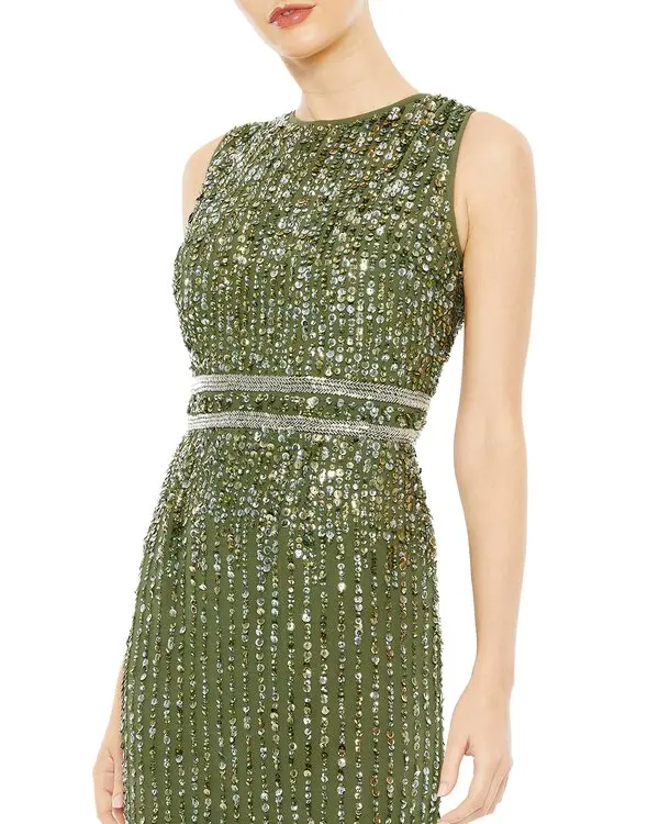 Mac Duggal Sequined High Neck Sleeveless Column Gown - Olive