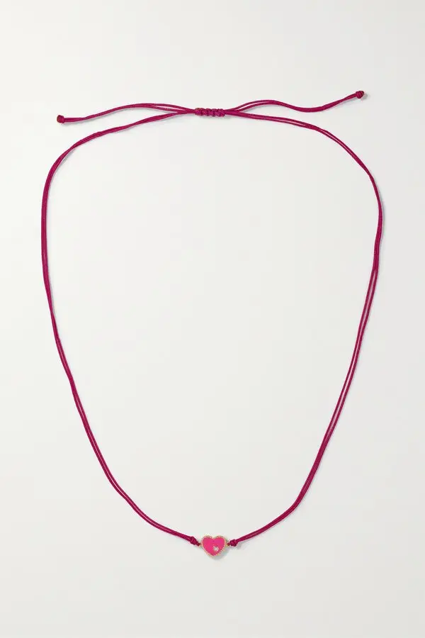Yvonne Léon 9-karat Gold, Cord, Enamel And Diamond Necklace - Pink