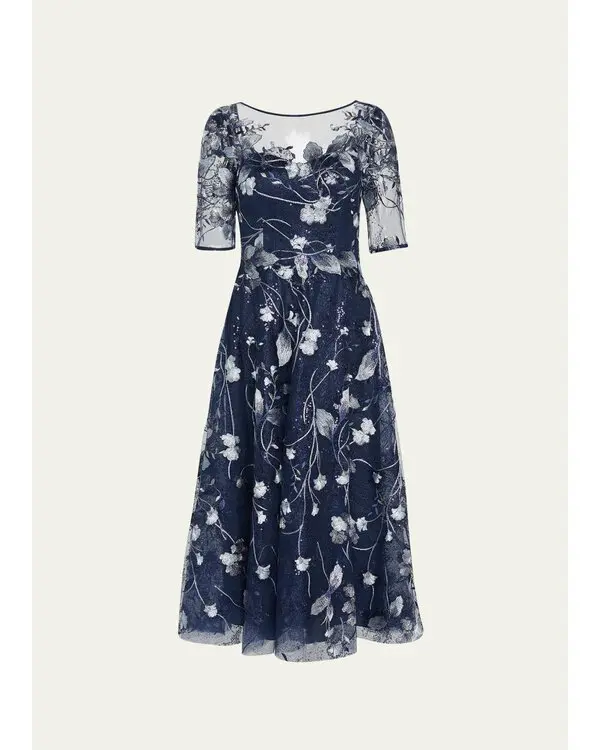 Rickie Freeman For Teri Jon Floral-embroidered Tulle Cocktail Dress - Navymulti