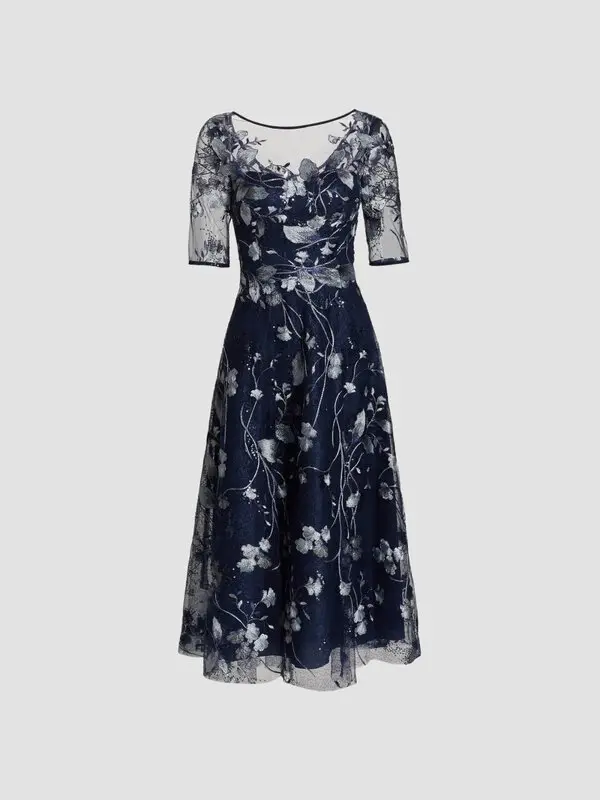 Rickie Freeman For Teri Jon Embroidered Tulle Tea Dress - Navy Multi