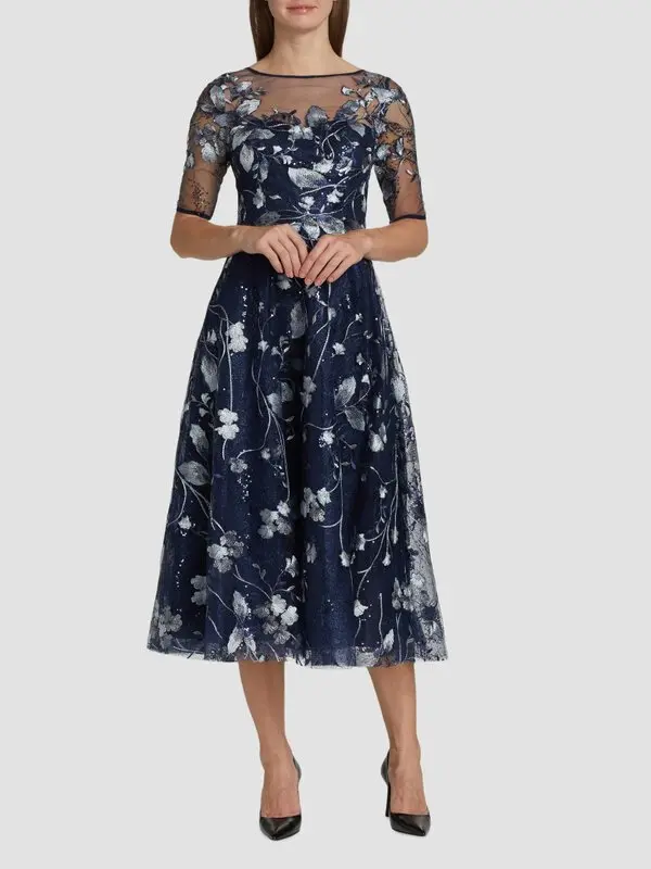 Rickie Freeman For Teri Jon Embroidered Tulle Tea Dress
