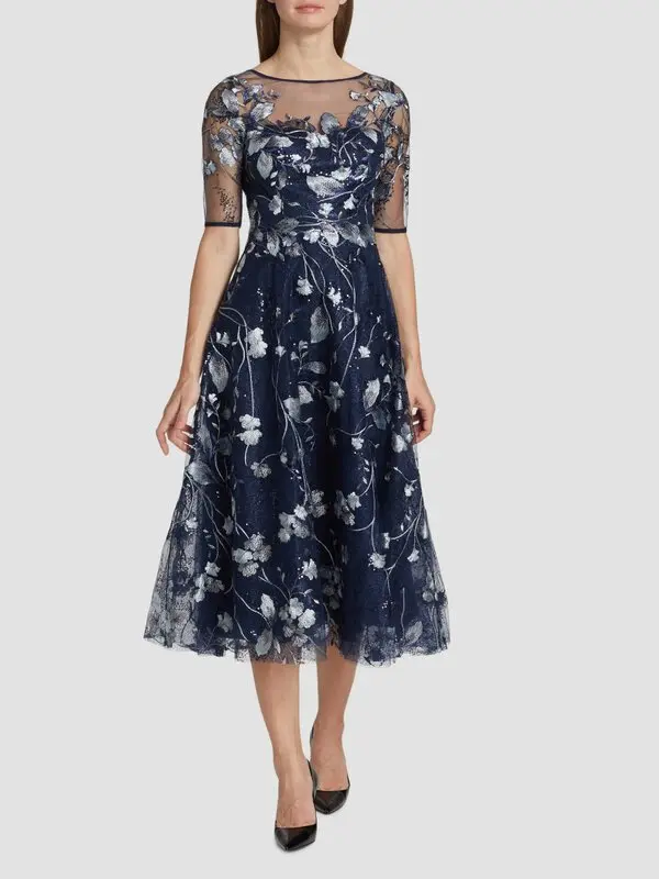 Rickie Freeman For Teri Jon Embroidered Tulle Tea Dress