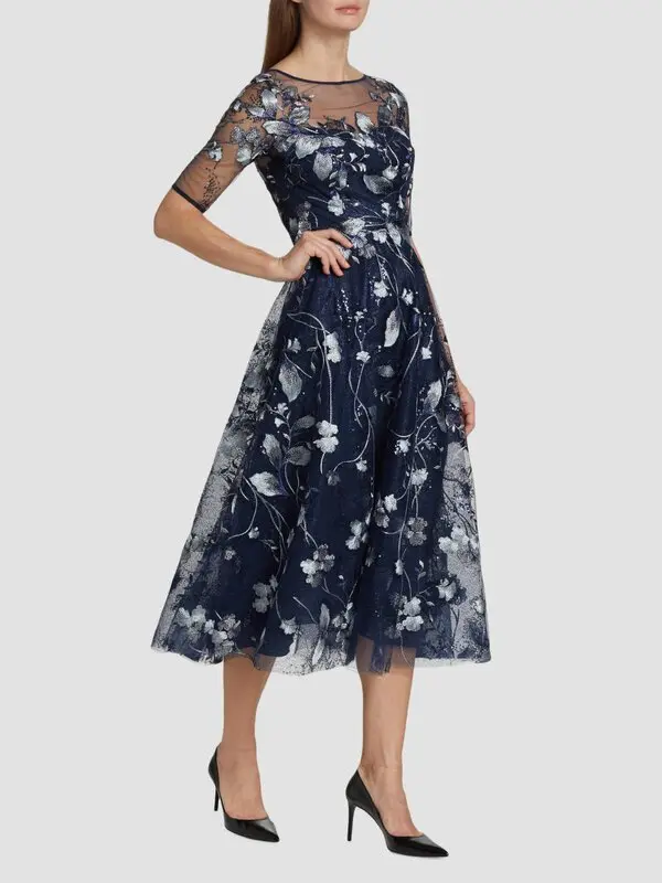 Rickie Freeman For Teri Jon Embroidered Tulle Tea Dress