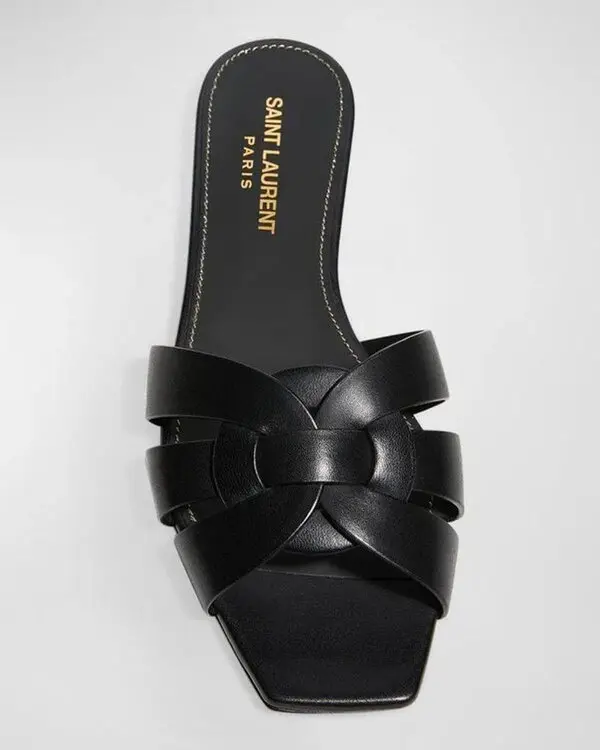 Saint Laurent Woven Leather Slide Sandal - Black