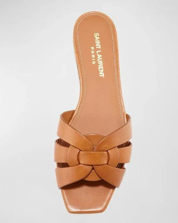 Saint Laurent Woven Leather Slide Sandal - Brown