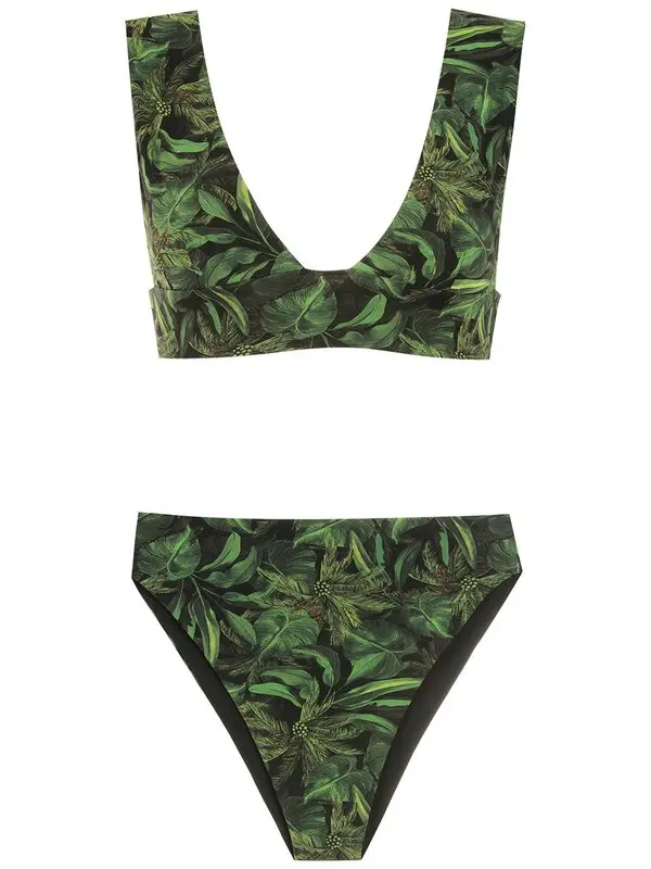 Isolda Coqueiral Foliage-print Bikini Set - Black