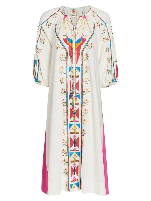 Farm Rio Macaw Embroidered Linen Caftan Midi-dress Size