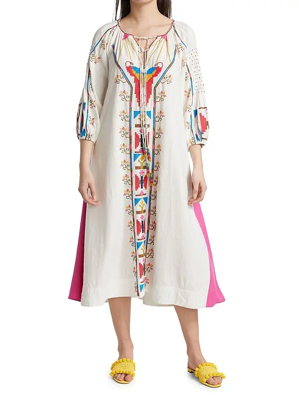 Farm Rio Macaw Embroidered Linen Caftan Midi-dress Size