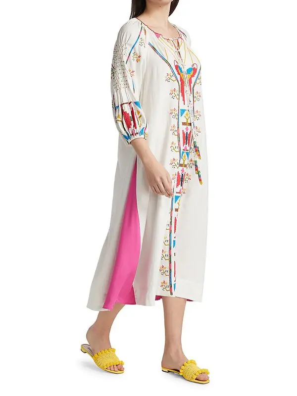 Farm Rio Macaw Embroidered Linen Caftan Midi-dress Size