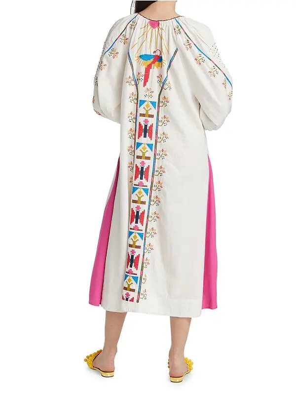 Farm Rio Macaw Embroidered Linen Caftan Midi-dress Size