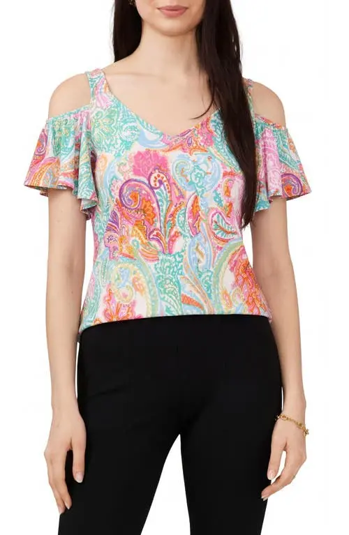 Chaus Print Cold Shoulder Top - Aqua/pink/multi