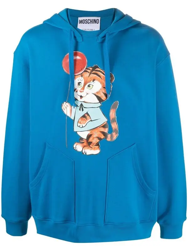 Moschino Graphic Print Drawstring Hoodie - Blue