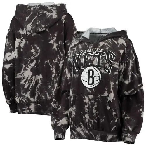 MAJESTIC THREADS Brooklyn Nets Burble Tie-dye Tri-blend Pullover Hoodie