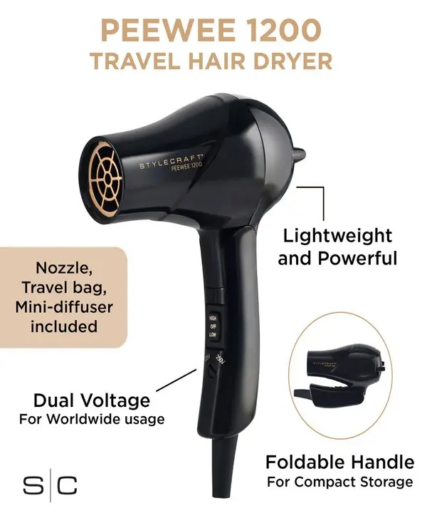 STYLECRAFT Peewee 1200 Folding Handle Dual Voltage Compact Travel Hair Dryer With Nozzle