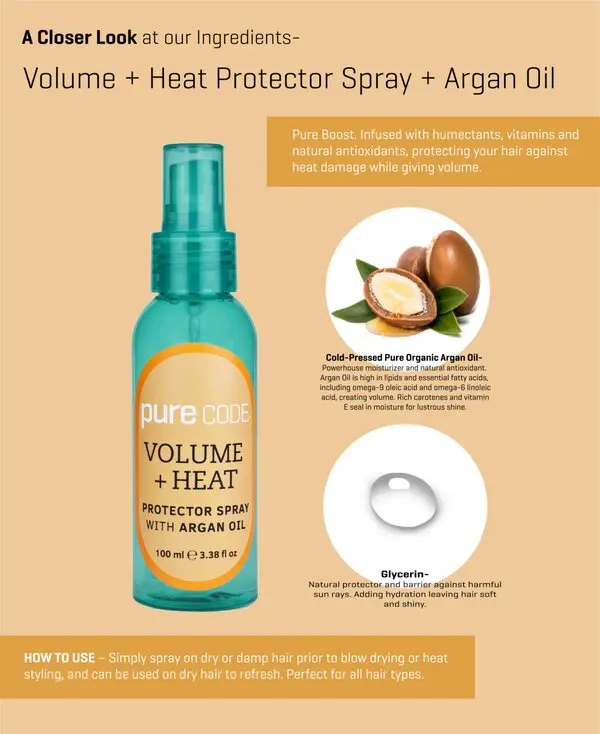 PURECODE Volume + Heat Protector Spray With Argan Oil