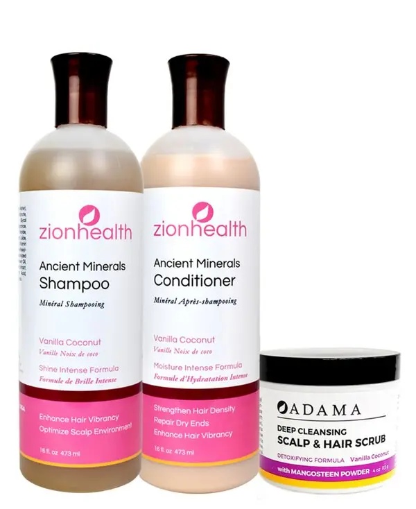 ZION HEALTH Tropical Blend Hair Bundle Vanilla Coconut Shampoo 16 Oz + Vanilla Coconut Conditioner 16 Oz + Vanilla Coconut Scalp Hair Scrub 4 Oz - No Color