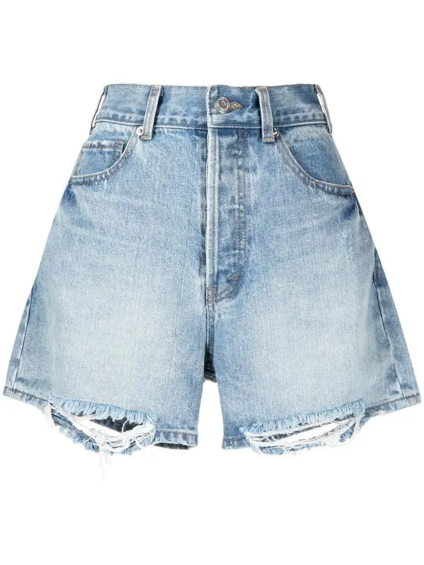 We11Done Light Wash Ripped Denim Shorts - Blue