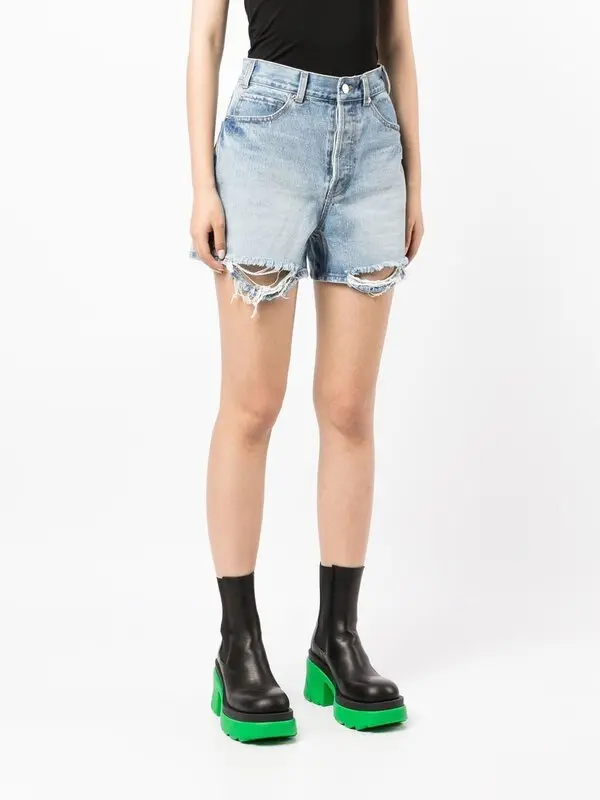 We11Done Light Wash Ripped Denim Shorts - Blue
