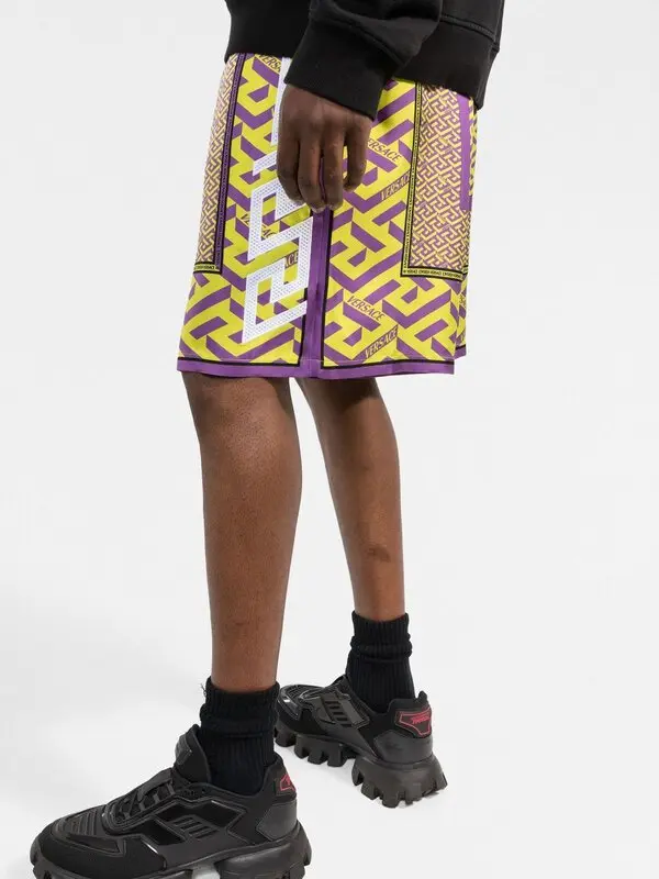 Versace La Greca-print Silk Shorts - Yellow