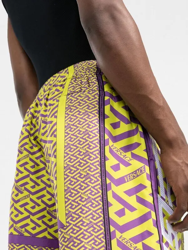 Versace La Greca-print Silk Shorts - Yellow