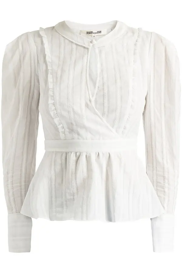 Diane Von Furstenberg Erin Ruffletrimmed Cottonjacquard Peplum Blouse - White
