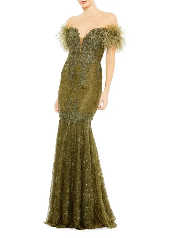 Mac Duggal Off-the-shoulder Feather Embellished Mermaid Gown - Olive